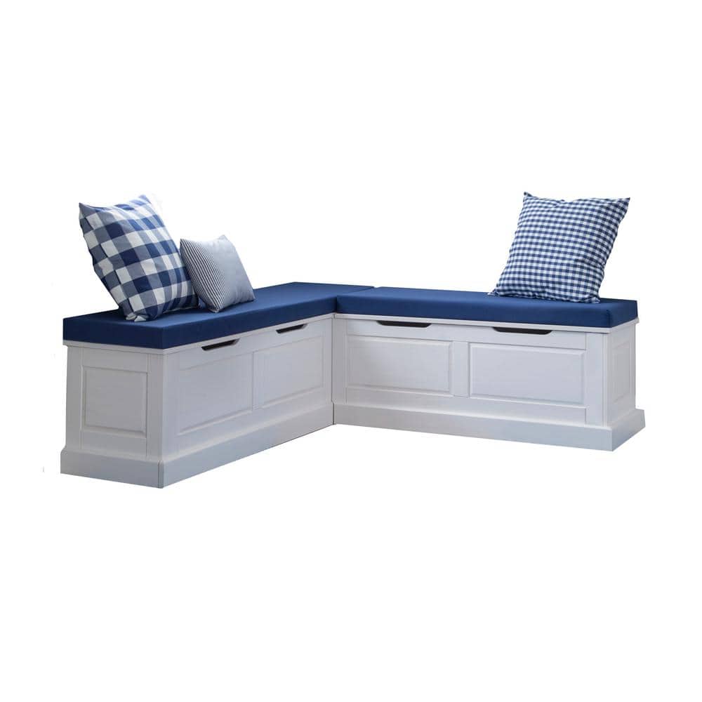 Linon Home Decor Rockhill Corner Nook 62.4 in. White with Blue Cushions ...