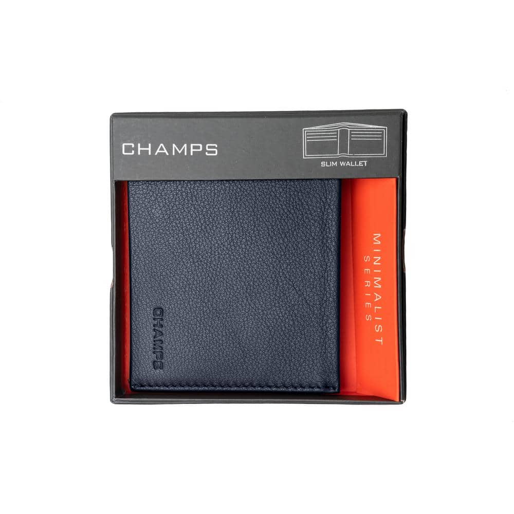 CHAMPS Minimalist Navy Genuine Leather RFID Blocking Slim Wallet Card ...