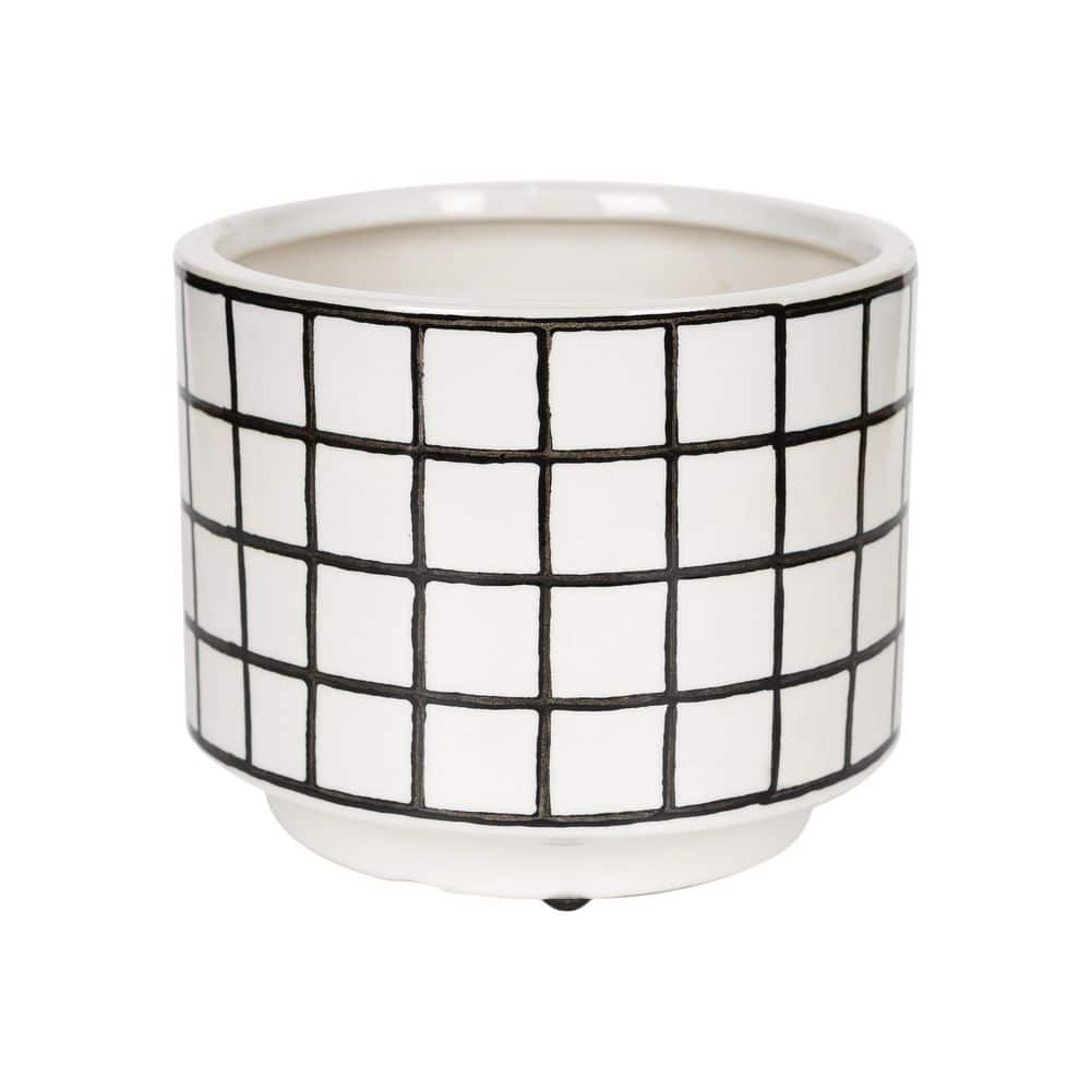 Vigoro 6 in. Westerly Small White/Black Grid Ceramic Pot (6 in. D x 4.9 ...