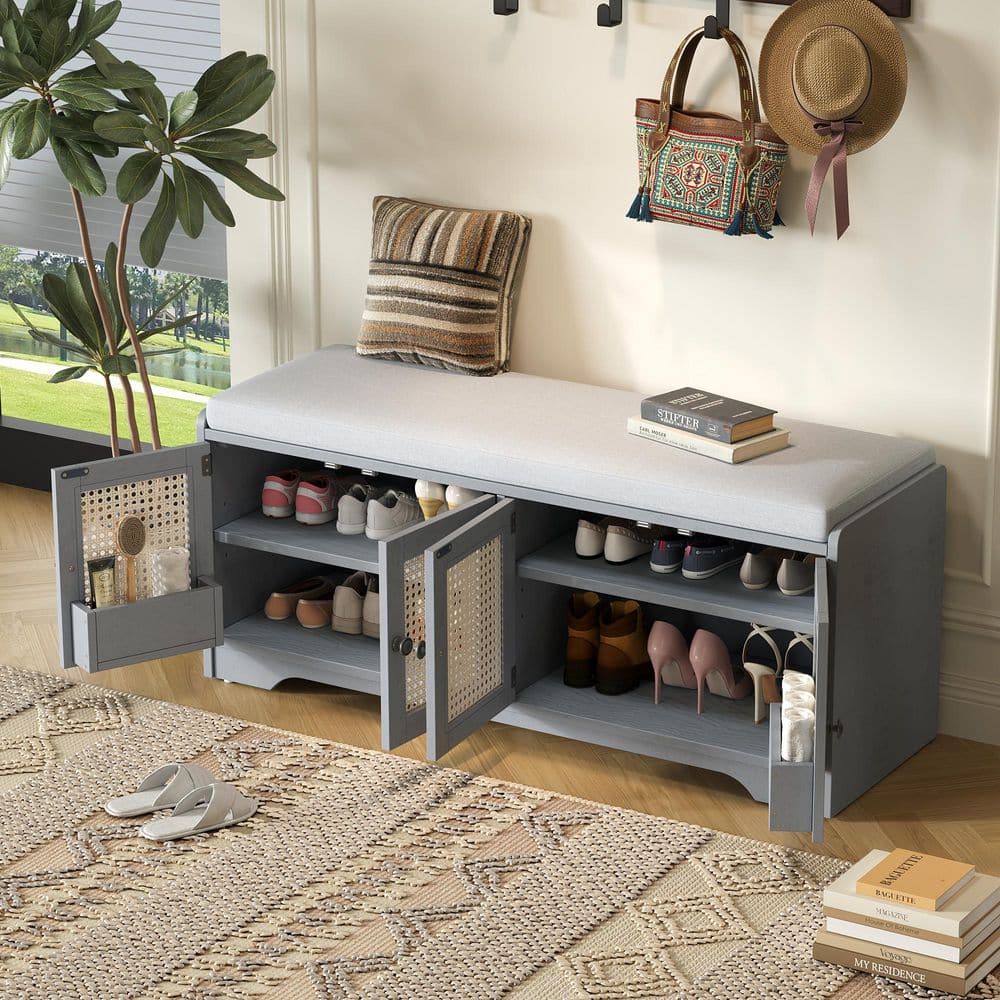 Harper & Bright Designs Gray Wash Storage Bench with Removable Beige ...