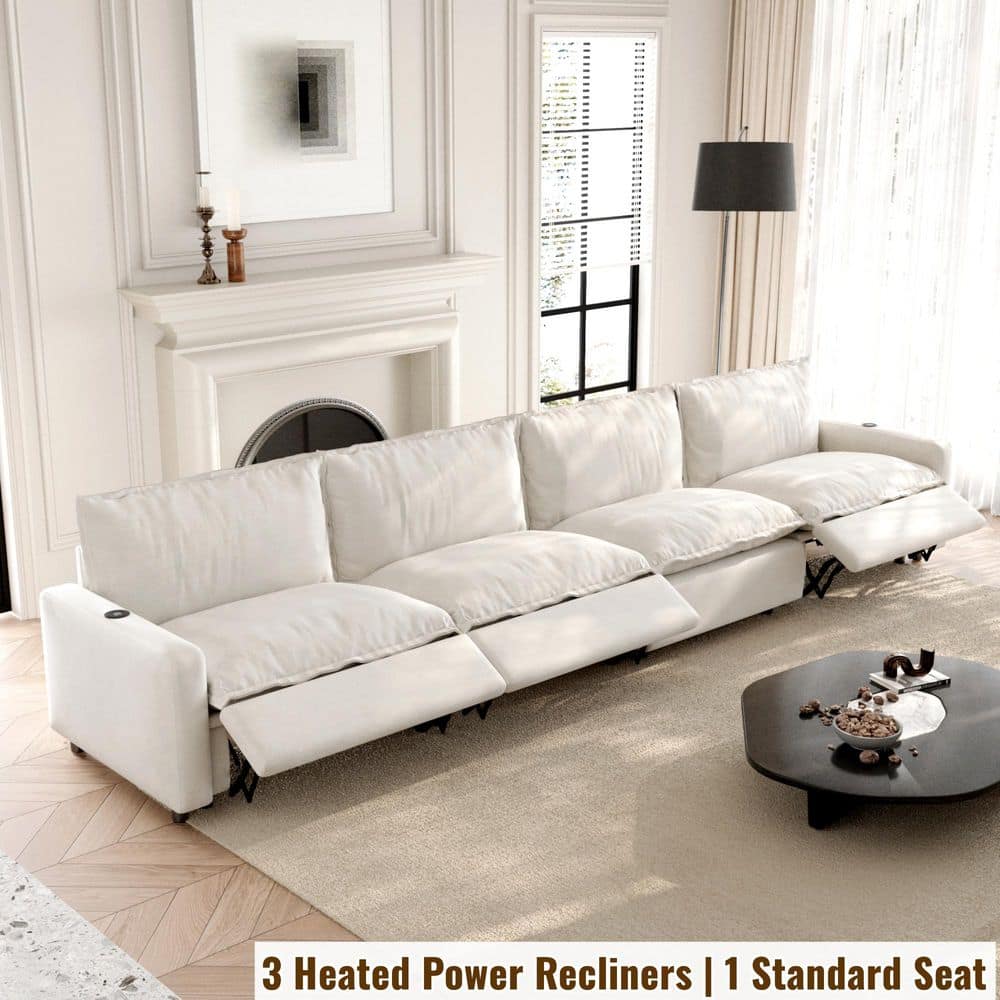 Magic Home Electric Reclining 149 in. Square Arm Linen 4-Piece L-Shaped ...