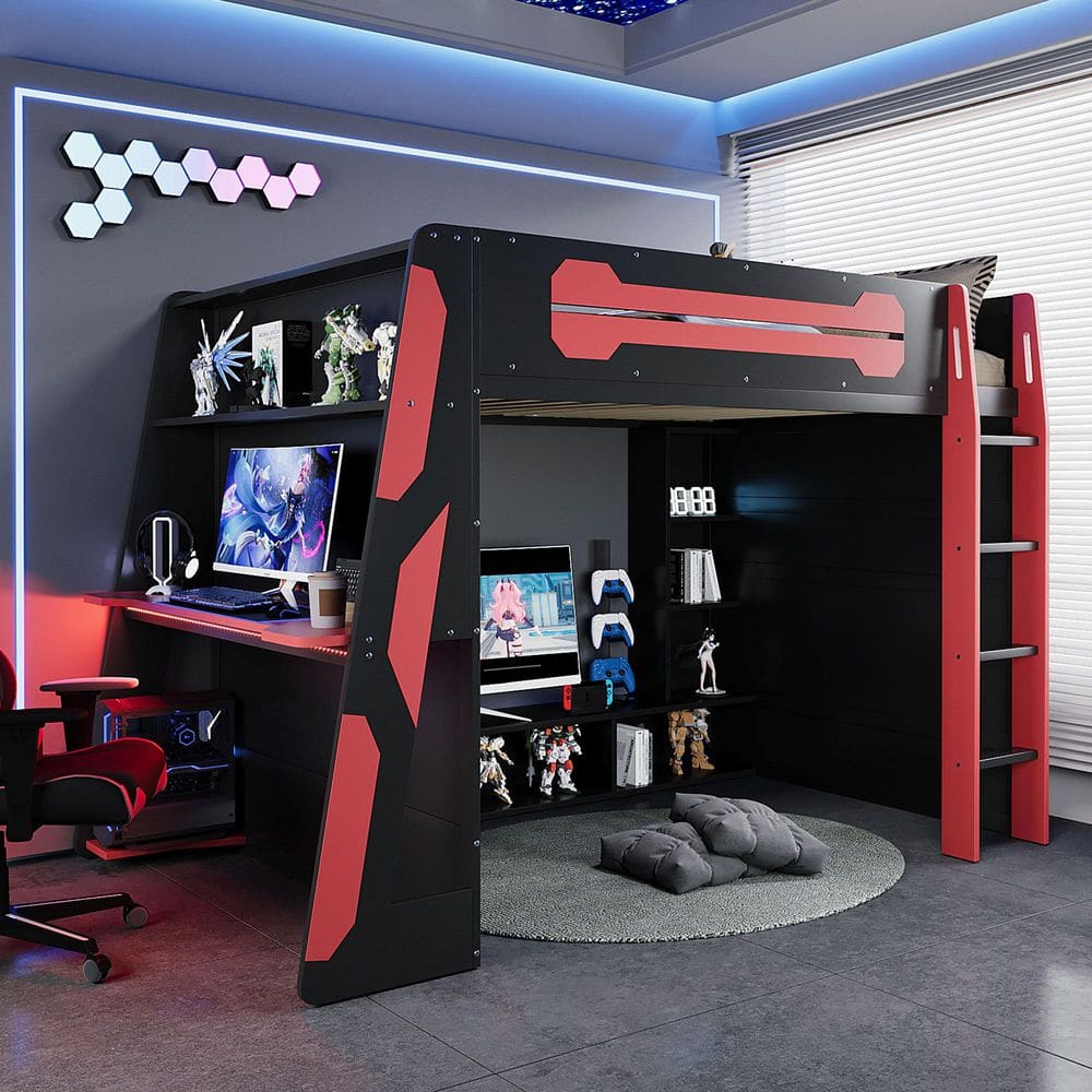 Polibi Red Full Wood Loft Bed with Desk, Multi-storage Shelves and RGB ...