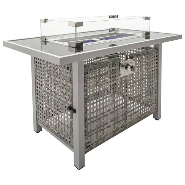 43 in. Grey Rectangular Wicker Propane Fire Pit Table, 60,000 BTU with ...