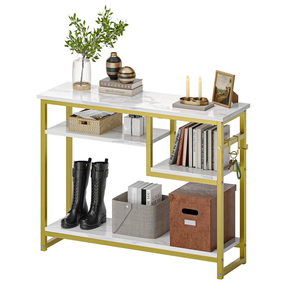 Bestier 39.4 in. White Marble Color Rectangle Wood Console Table with 4 ...
