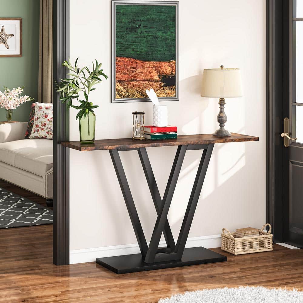 TRIBESIGNS WAY TO ORIGIN Benjamin 43.31 in. Brown and Black 31.5 in. Rectangle Wood Console Table with Durable Metal Frame HD SF0003B The Home Depot