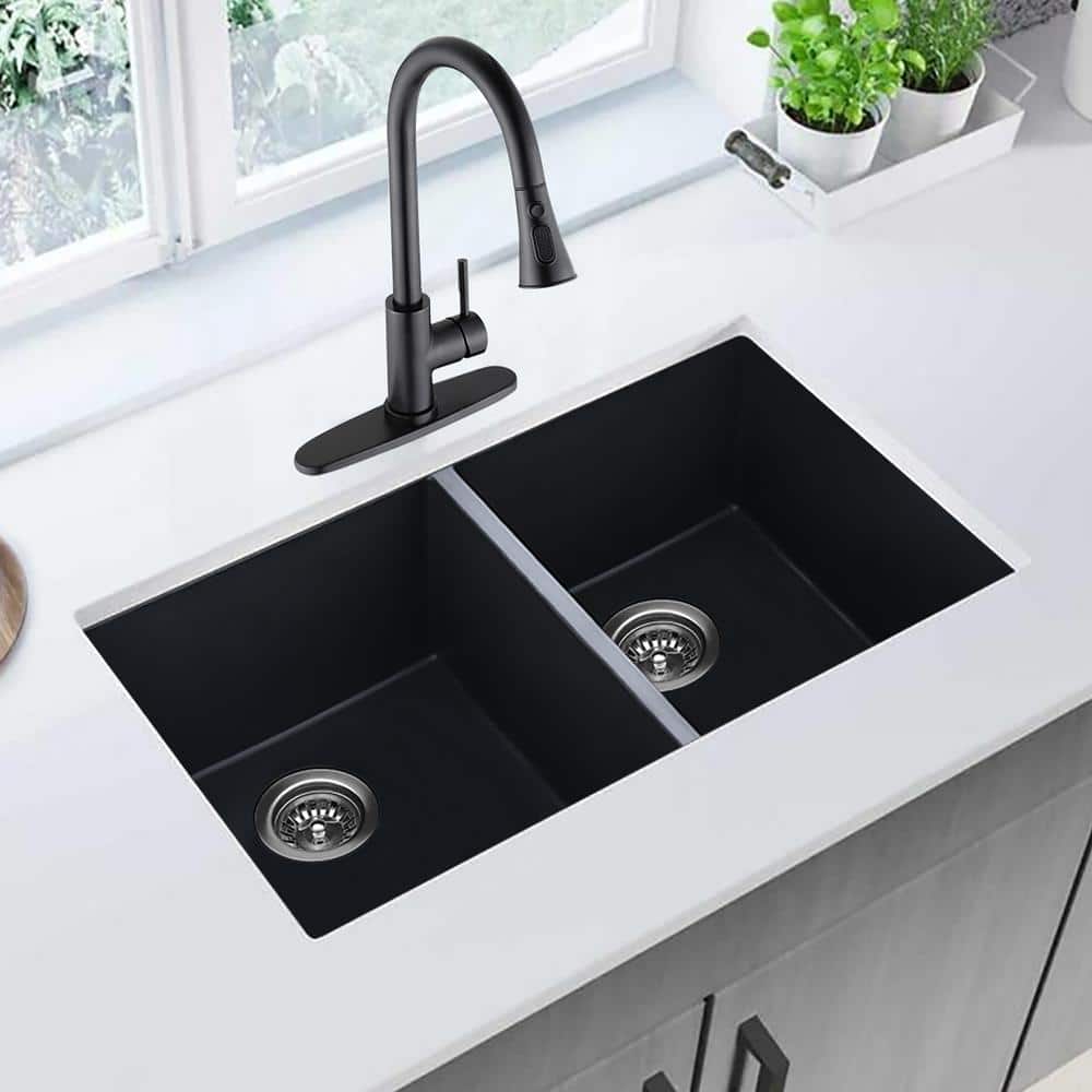Staykiwi 32 in. Undermount Double Bowl Matte Black Quartz Kitchen Sink ...