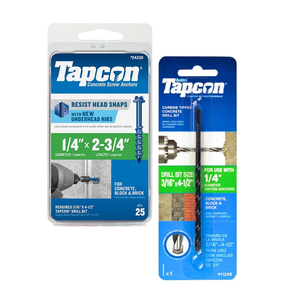 Tapcon 1/4 in. x 2-3/4 in. HWH Concrete Anchors and 3/16 in. x 4-1/2 in ...