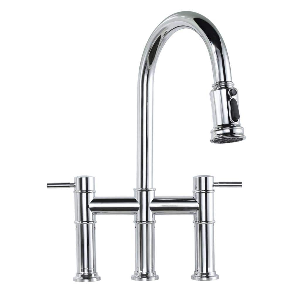 ALEASHA Double Handle Bridge Kitchen Faucet with Pull Down Sprayer in ...