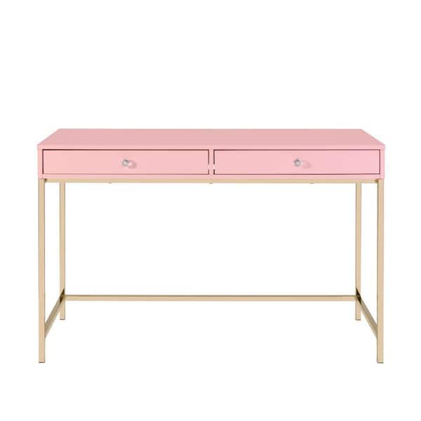 47 in. Retangular Pink High Gloss and Gold Wood 2-Drawer Writing Desk ...
