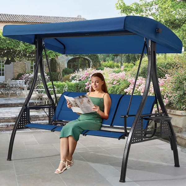 3-Person Square Tube Metal Blue Patio Swing Adjustable Canopy for ...