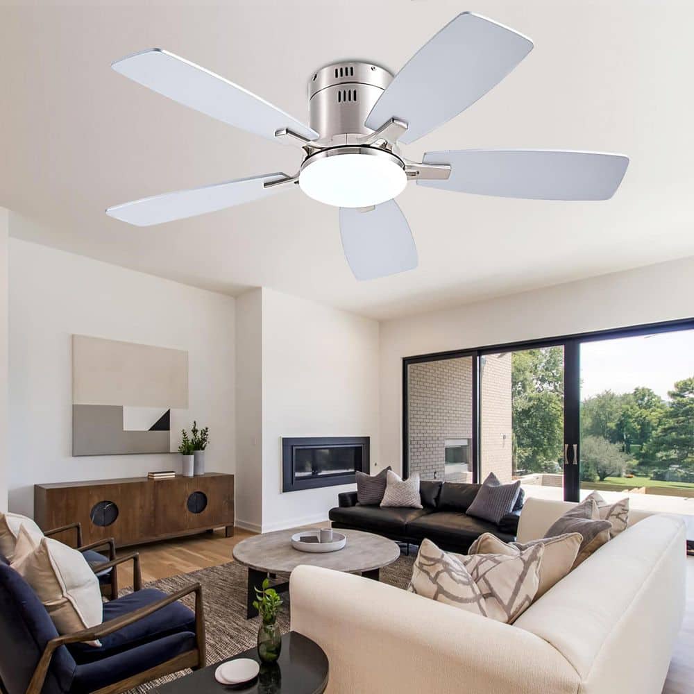 42 in. Indoor Nickel Flush Mount Ceiling Fan with Integrated LED Light ...