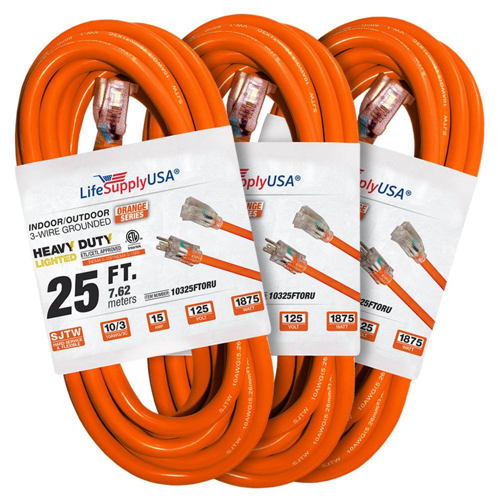 LifeSupplyUSA 25 ft. 10 Gauge/3 Conductors SJTW Indoor/Outdoor ...