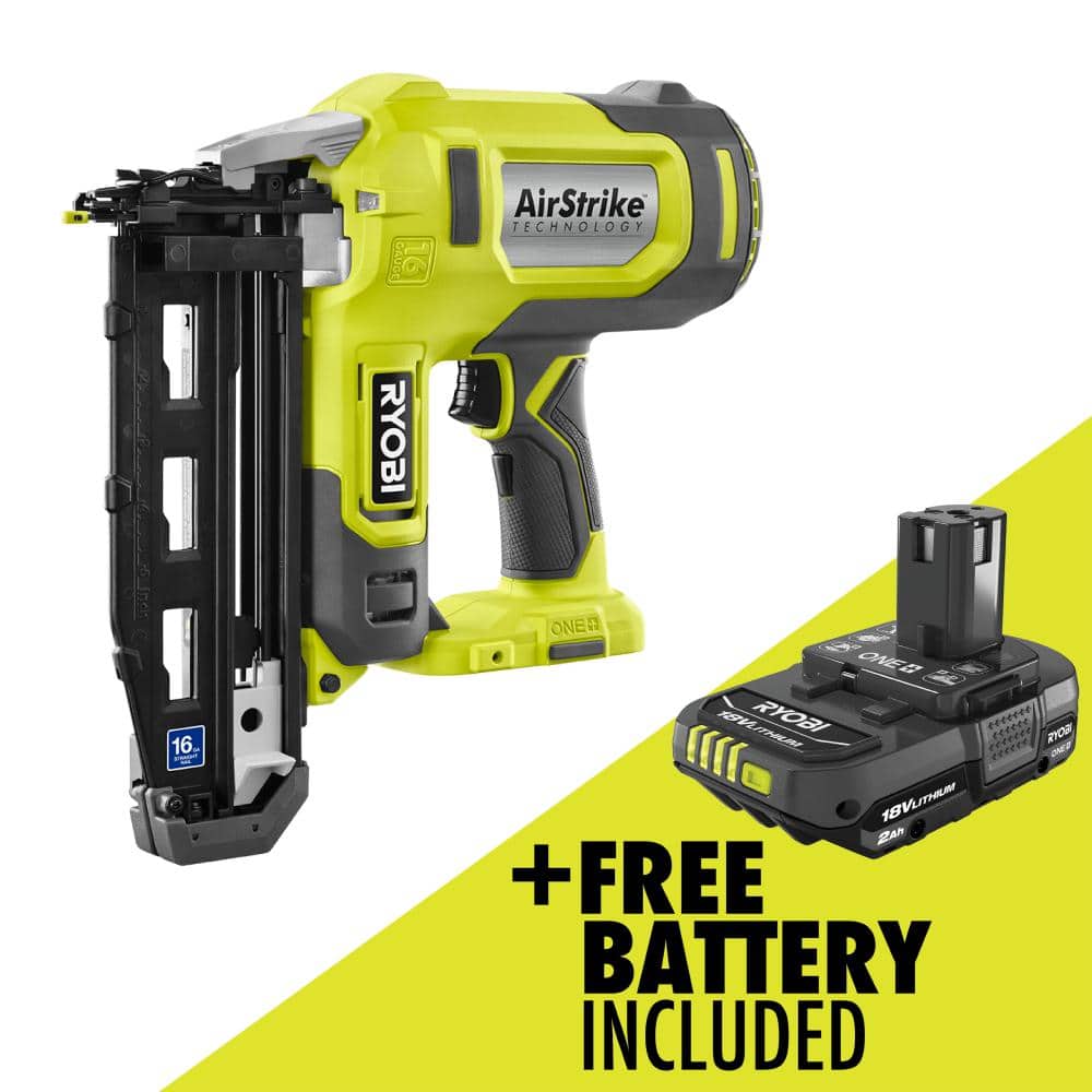 RYOBI ONE+ 18V 16-Gauge Cordless AirStrike Finish Nailer with 2.0 Ah ...