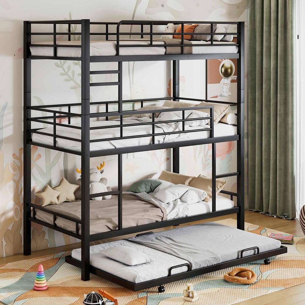 Polibi Antique Black Metal Twin Size Triple Bunk Bed with Trundle RS ...