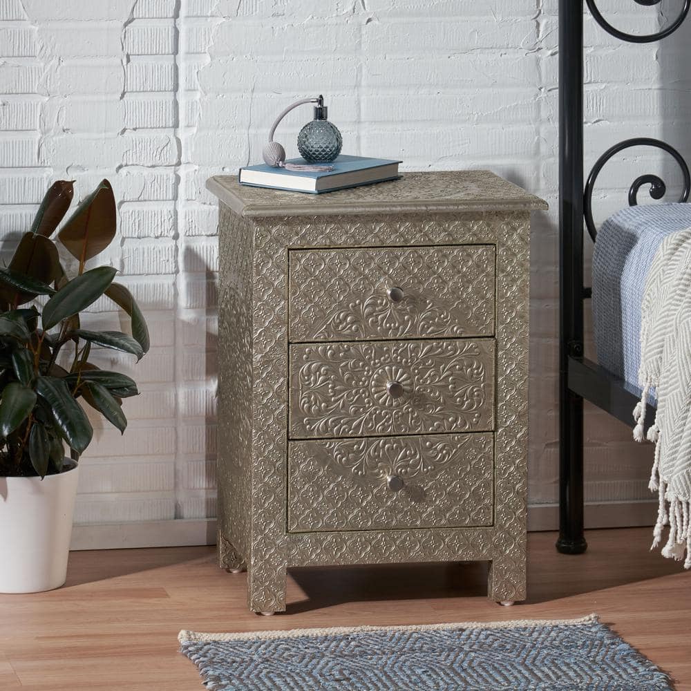 Noble House Georgia 3 Drawer Silver Nightstand 94264 The Home Depot
