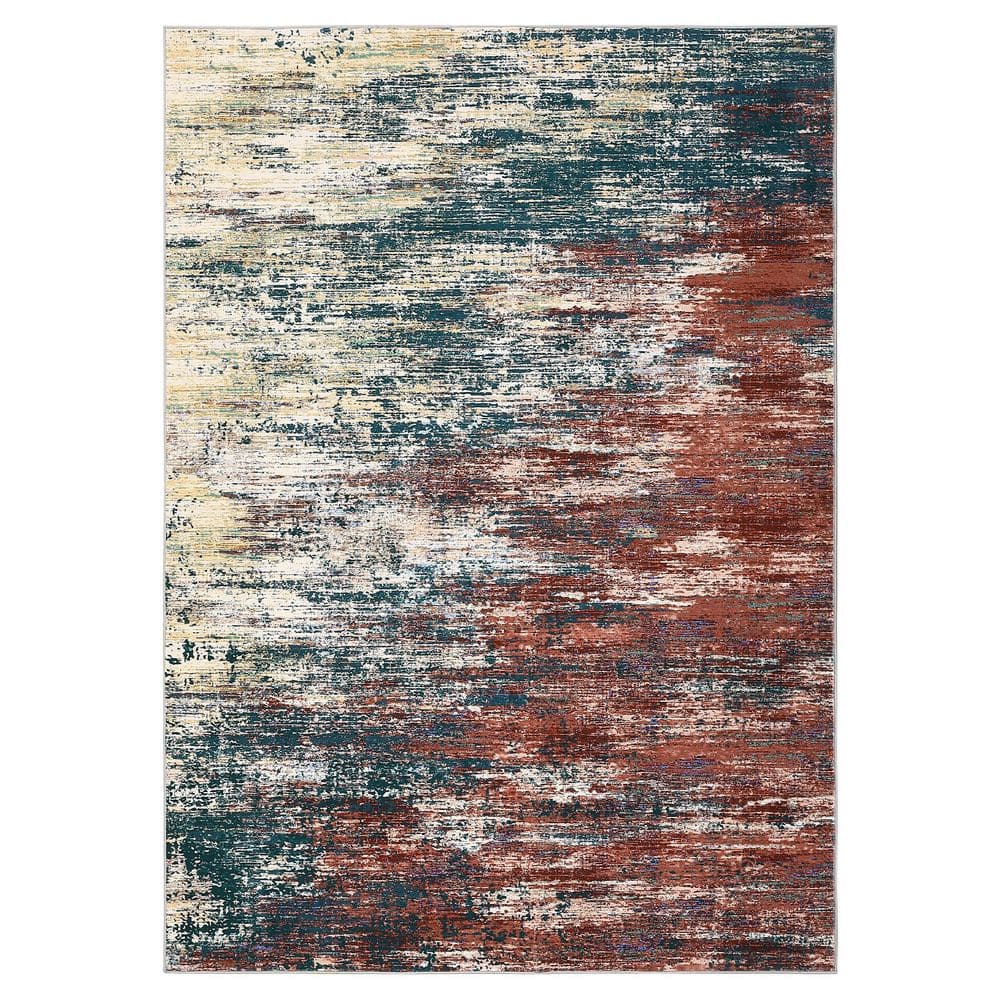 Red and Green 5 ft. x 7 ft. Modern Abstract Soft Washable Polyester ...