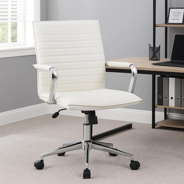Benjara Kenny Vinyl Metal Base Grade Chair in White and Chrome Arms ...