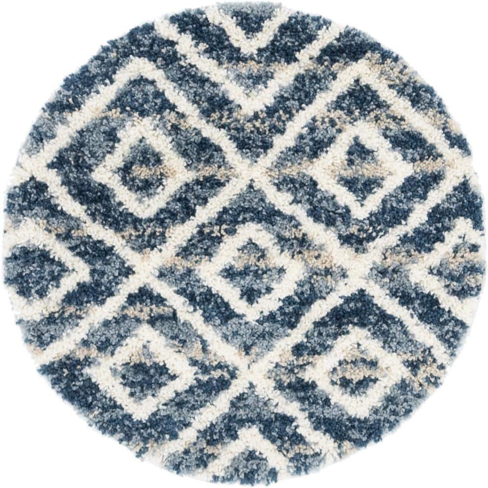 Unique Loom Hygge Shag Diamond Blue 3 ft. 3 in. x 3 ft. 3 in. Round Rug ...