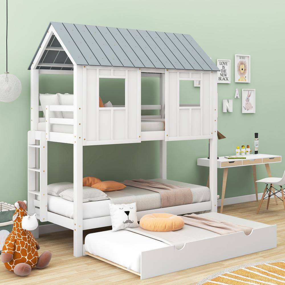Harper & Bright Designs White Twin over Twin Wood House Bunk Bed with ...
