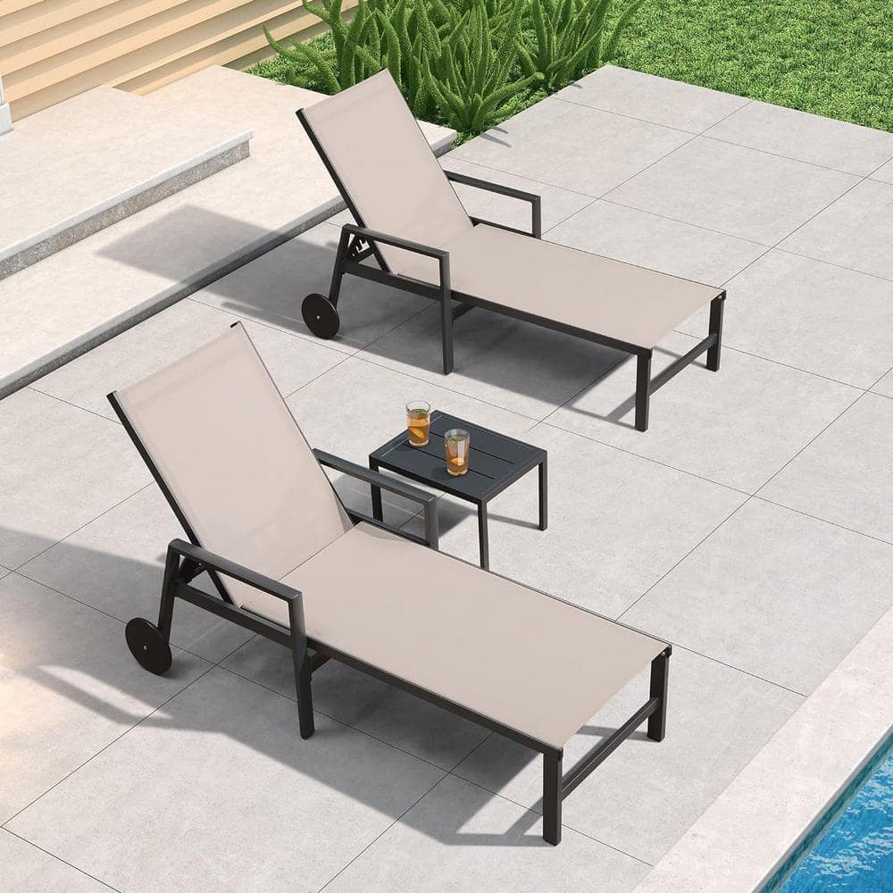 PURPLE LEAF 3-Pieces Aluminum Outdoor Chaise Lounge Chair with Wheels ...