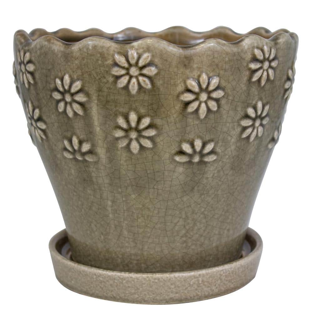 Trendspot 7 in. Taupe Embossed Floral Ceramic Planter LJ01038-7 - The ...