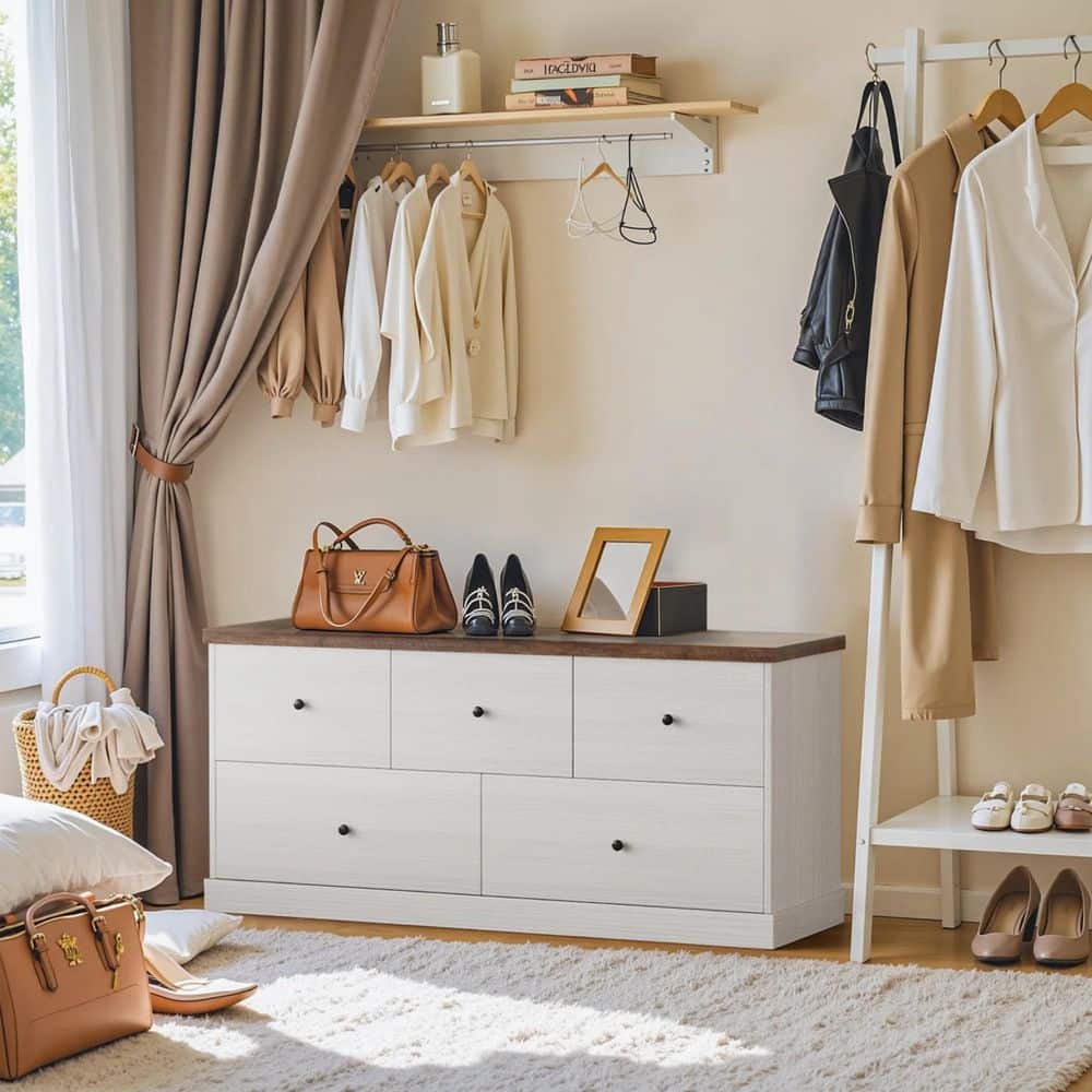 LACOO 45 in. 5 Chest Of Drawers, Wide Wooden Dresser Chest Of Drawers ...