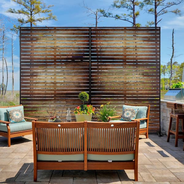 TUYOHW 47 in. W x 71 in. H. Brown Metal Privacy Screen with Wood Grain ...