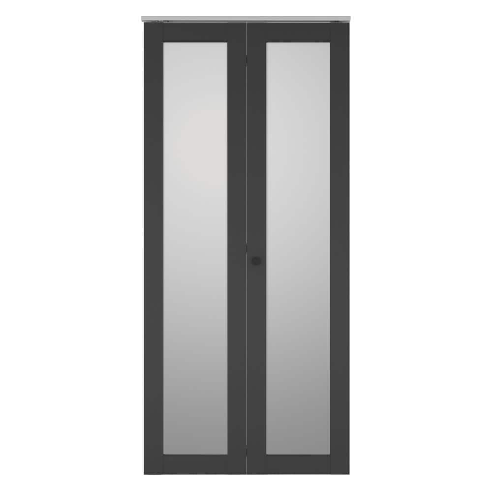 CALHOME 36 in. x 80 in. Full Lite Frosted Glass Solid Core Black MDF Bi ...