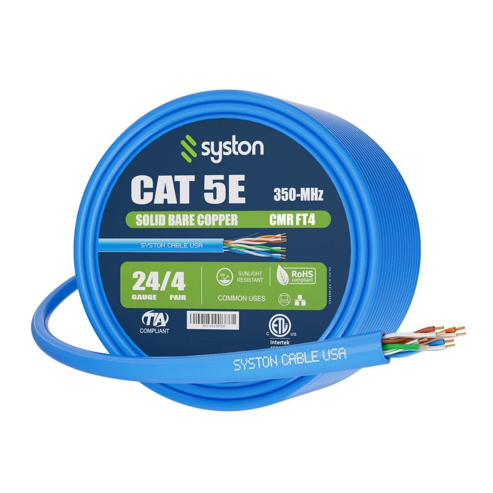 Syston Cable Technology 50 ft. Blue Cat5e CMR Riser Rated 350 MHz 24 AWG Solid Bare Copper ...
