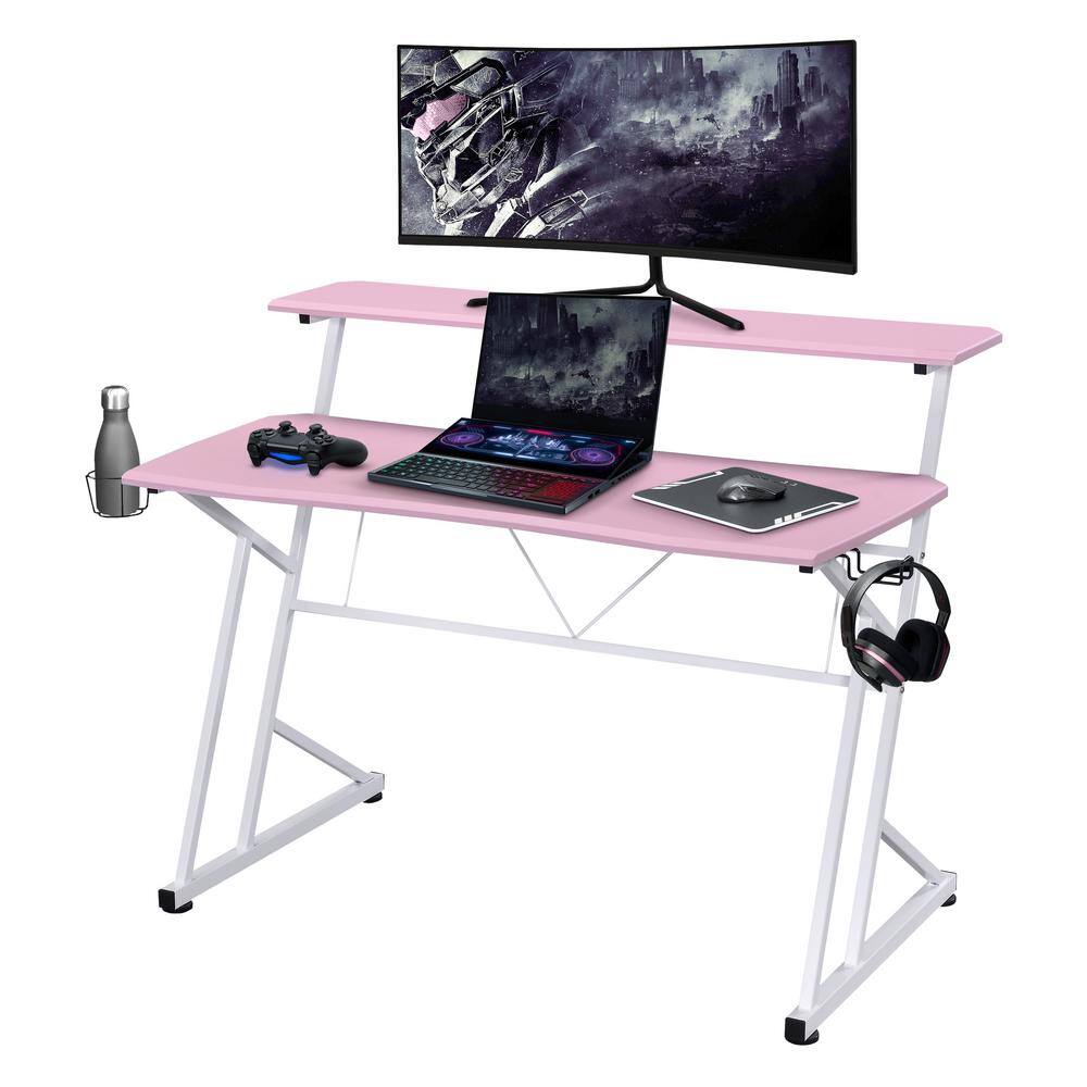 Clihome 47 in. Rectangular Pink Computer Gaming Desk with Shelves TCH ...