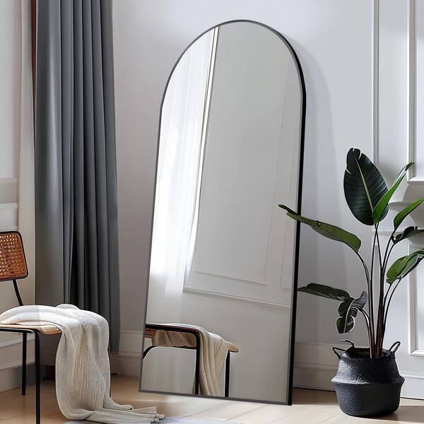 Dovelina 71 in. H x 32 in. W Modern Arch Removable Carved Flower Metal Framed Black Full Length Leaning Mirror HD LHJ M18080 B S068