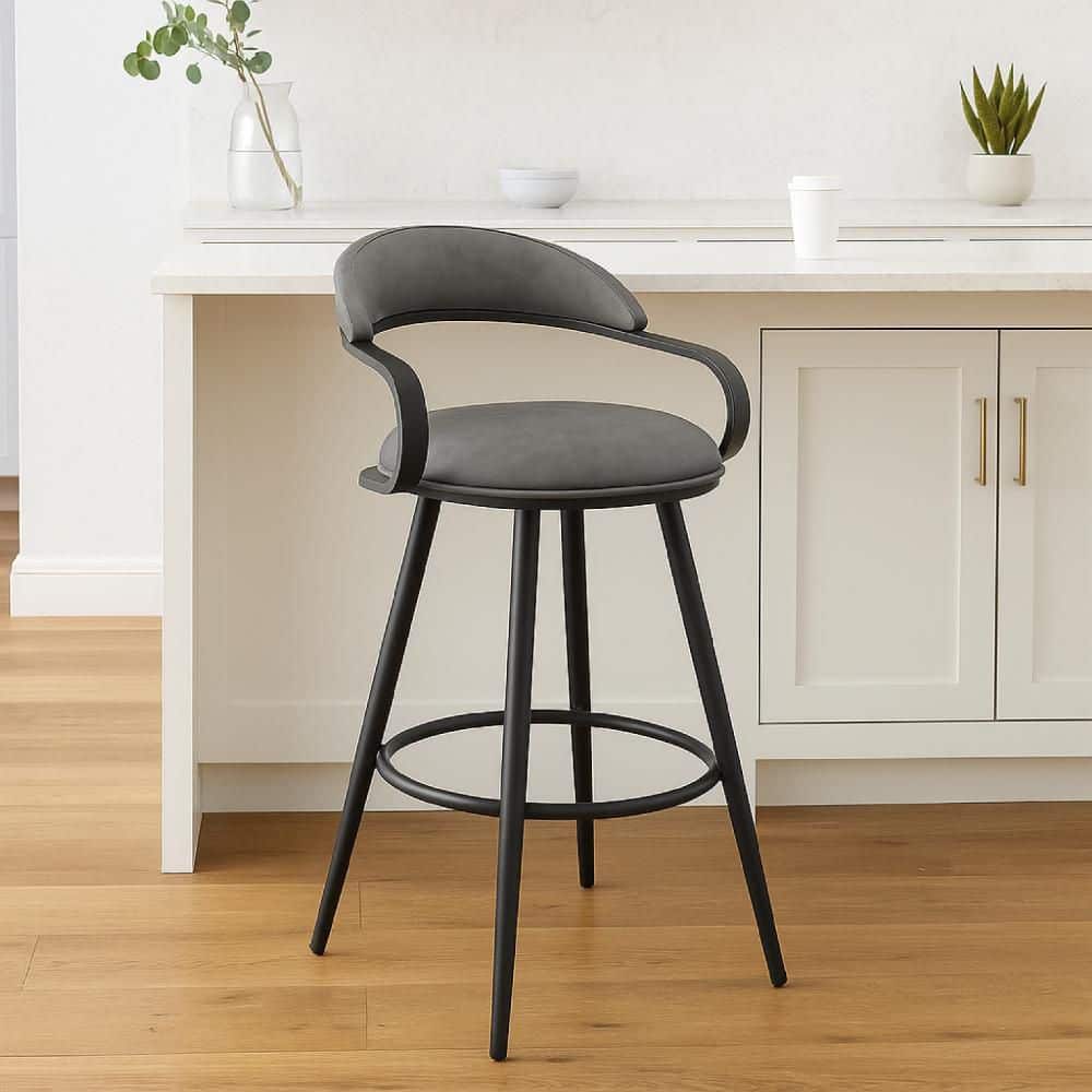 Benjara 35 in. H Vintage Gray and Black Low Back Wood Bar Stool with ...