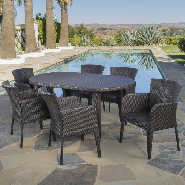 Noble House Raven Multi-Brown 7-Piece Faux Rattan Outdoor Dining Set ...
