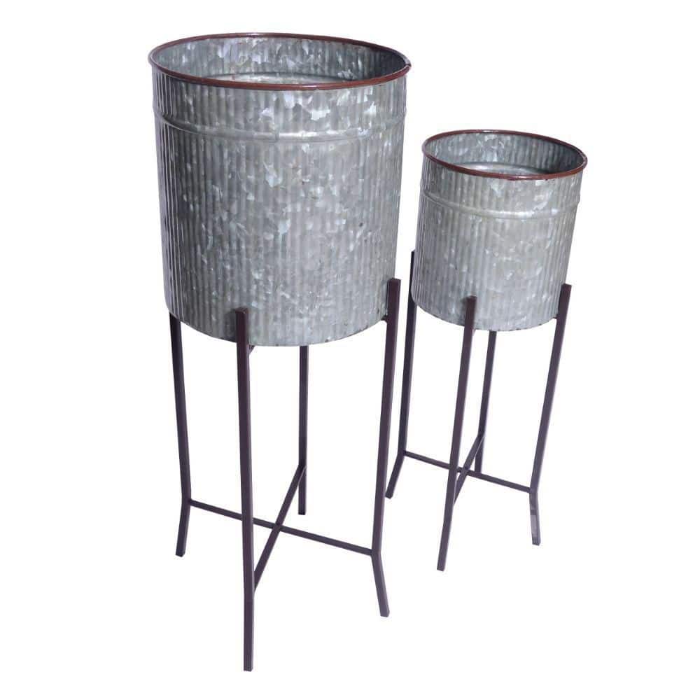 The Urban Port 32 in. H Silver Iron Plant Stand with Corrugated Design ...