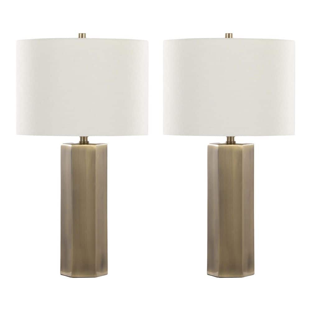 Lumisource Huit 26 in. Antique Brass Metal and White Linen Shade Table ...