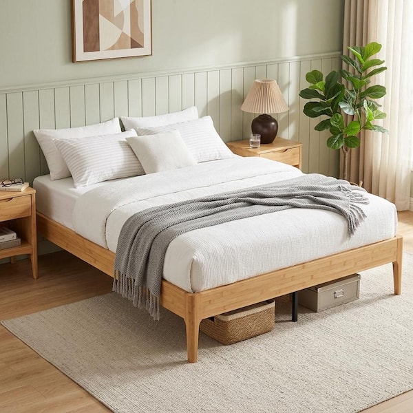 VECELO Natural Brown Solid Bamboo Frame, Queen Platform Bed Mid-Century ...