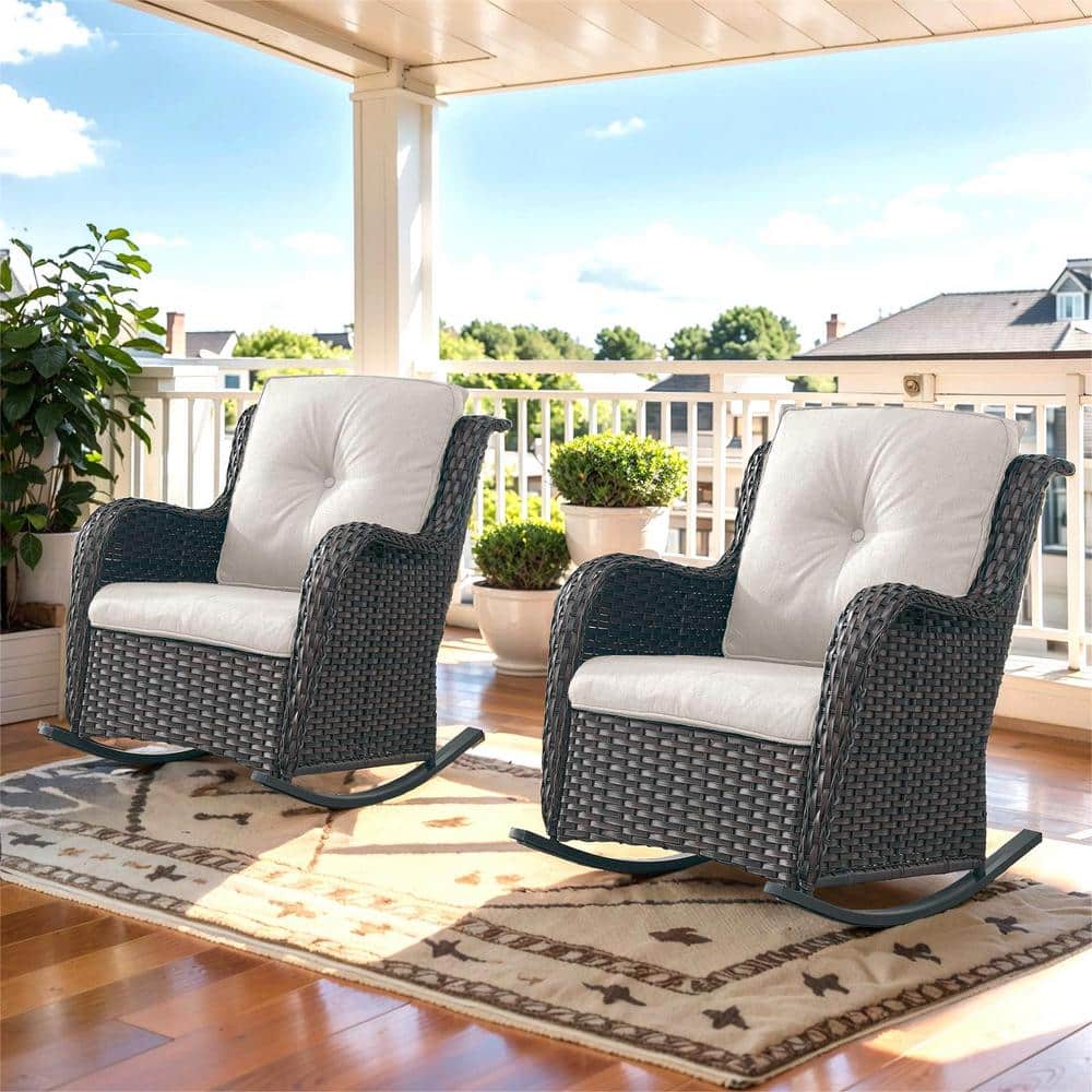 Gymojoy Carolina Brown Wicker Outdoor Rocking Chair with Beige Cushions ...