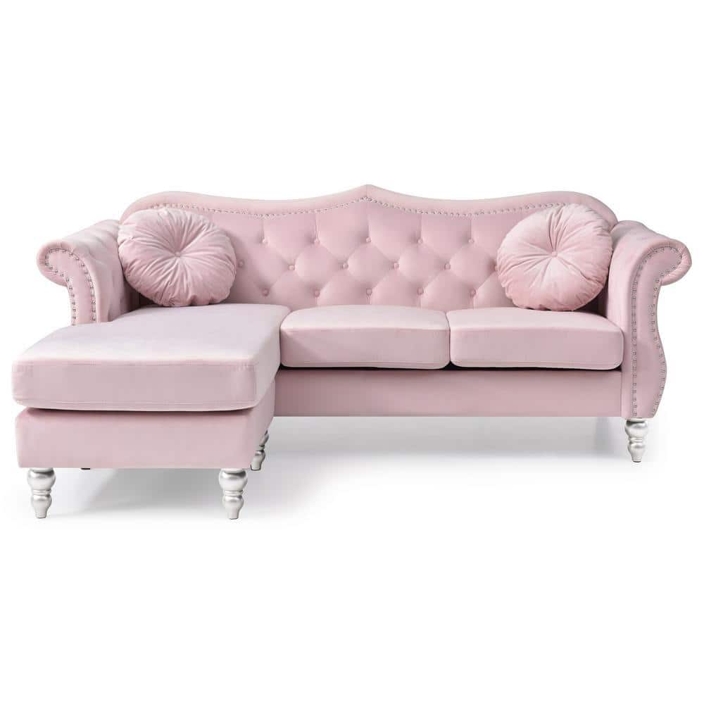 AndMakers Hollywood 81 in. Round Arm Velvet Specialty Tufted L Shaped ...