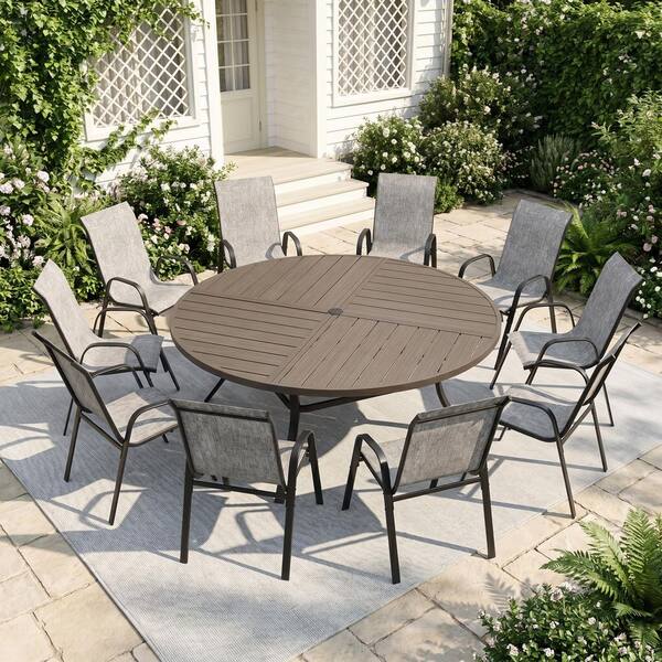 Erovio 11-Piece Metal Outdoor Dining Set with 59.8'' Gray Wood-Like ...