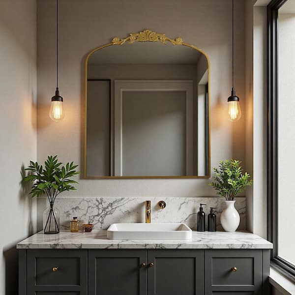 Spigel 24 in. W x 36 in. H Vintage Arched Aluminum Gold Finish Framed French Wall Mirror Baroque ...