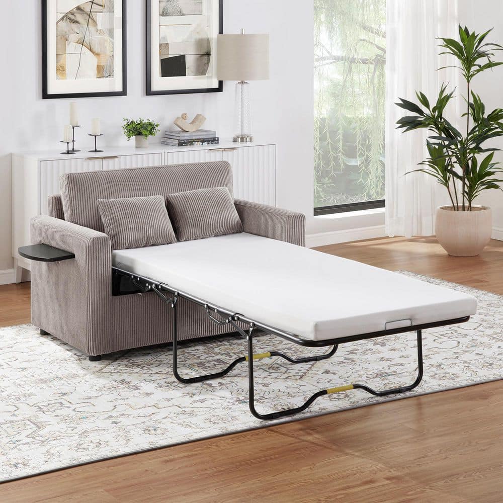 aisword Grey-Brown 47.2 in. Corduroy Fabric Twin Size Sofa Bed with a ...