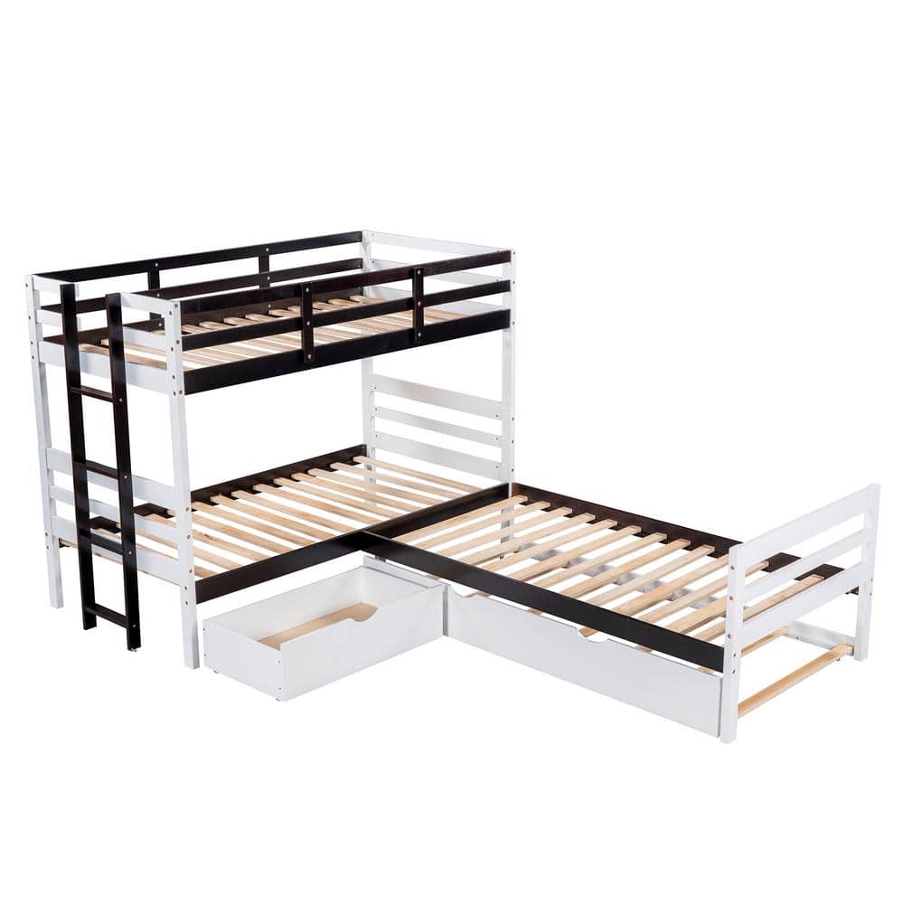 Angel Sar White Wood Twin Size L-Shaped Bunk Bed and Platform Bed with ...