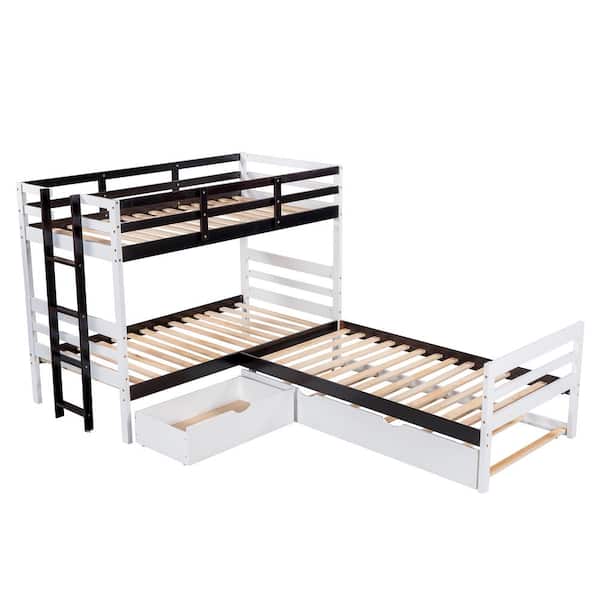 Angel Sar White Wood Twin Size L-Shaped Bunk Bed and Platform Bed with ...