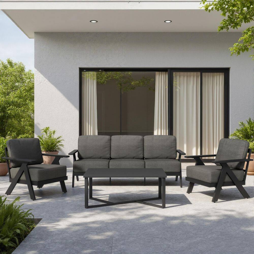 INMITOM 4-piece Aluminum Patio Outdoor Conversation Set with Thick Gray ...