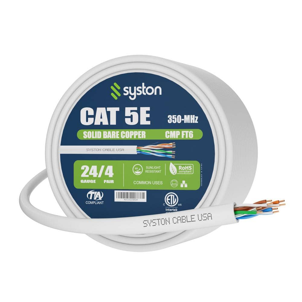 Syston Cable Technology 50 ft. White Cat 5e CMP(Plenum Rated) 350 MHz 24 AWG Solid Bare Copper ...