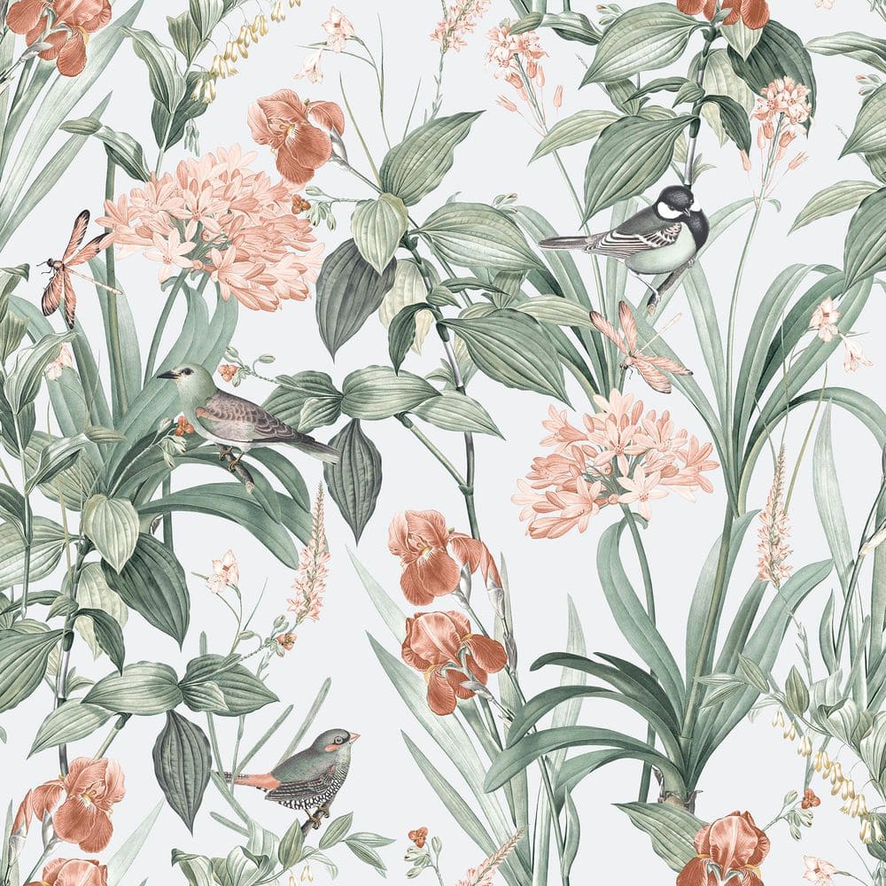Veer Decor Mint Birds and Dragonflies Botanical Green Wallpaper Sample ...