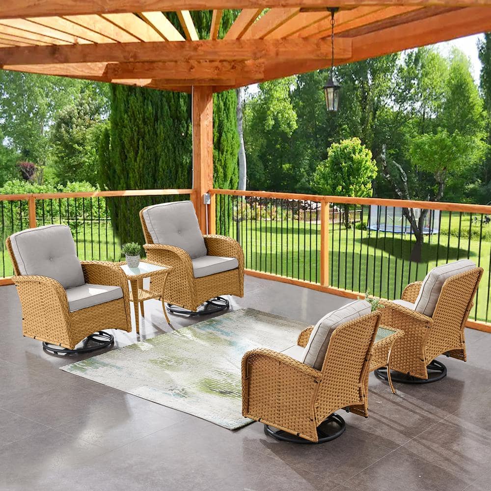 Opohoro Yellow 6-Piece Wicker Outdoor Swivel Rockers Patio Conversation ...