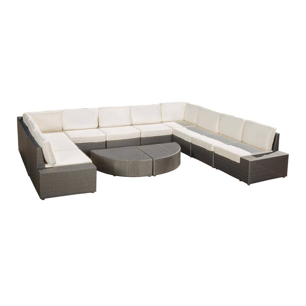 Noble House Santa Cruz Gray 12-Piece Wicker Outdoor Patio Sectional Set with White Cushions 9627 ...