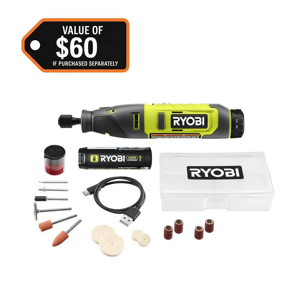RYOBI USB Lithium Rotary Tool Kit with 2.0 Ah USB Lithium Battery and ...
