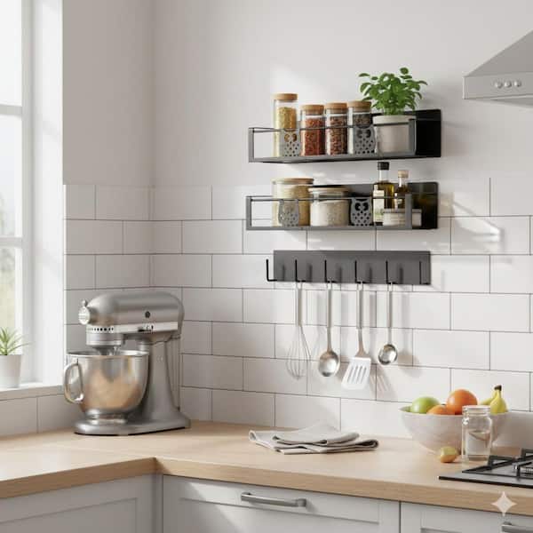 Magnetic Spice Rack 3 Shelves Black Magnetic Mount Kitchen Organizer ...